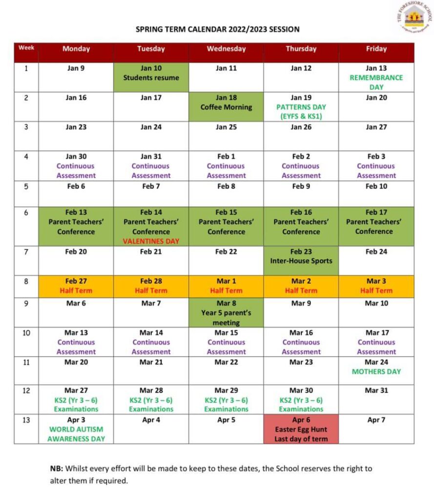 Calendar – The Foreshore School